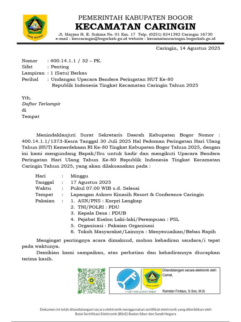 Undangan Upacara HUT RI Ke-80 Caringin | PDF