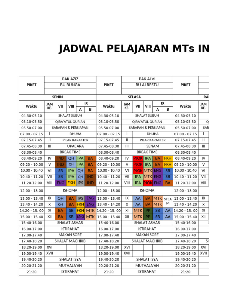 Jadwal Pelajaran MTs Insan 2025/2026 | PDF