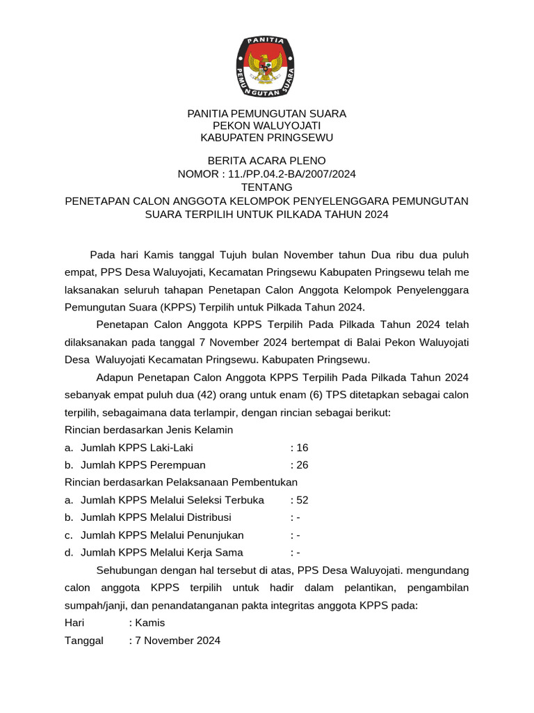 Berita Acara PPS Penetapan KPPS Terpilih | PDF