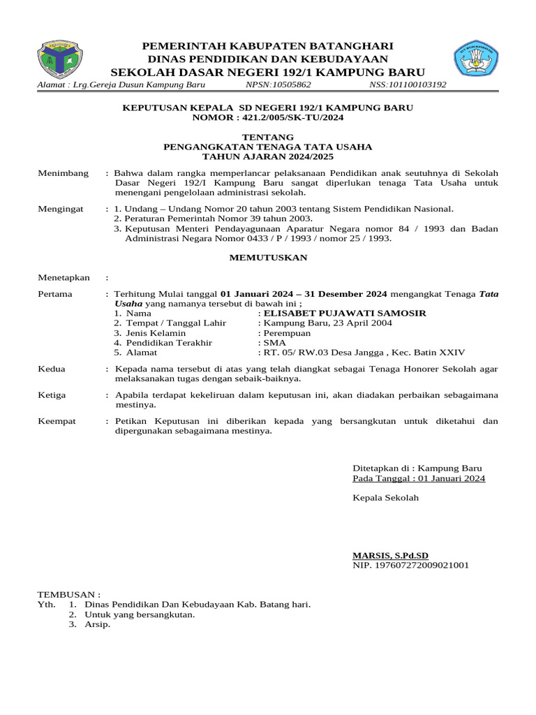 Pengangkatan Tenaga Tata Usaha 2024 | PDF