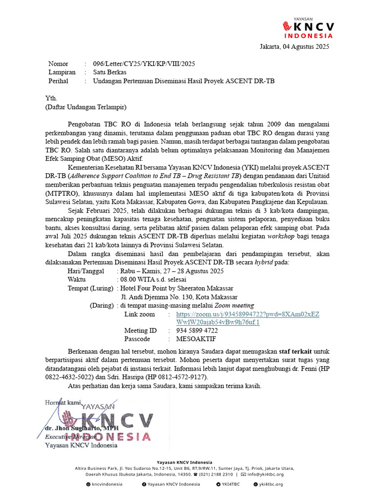 Surat Undangan Diseminasi Hasil Proyek ASCENT DR-TB Terbaruuu | PDF
