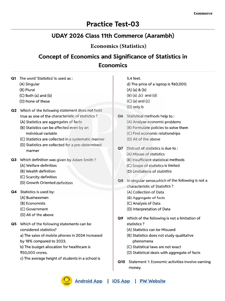 Practice Test 03 - Economics (Statistics) Test Paper | PDF