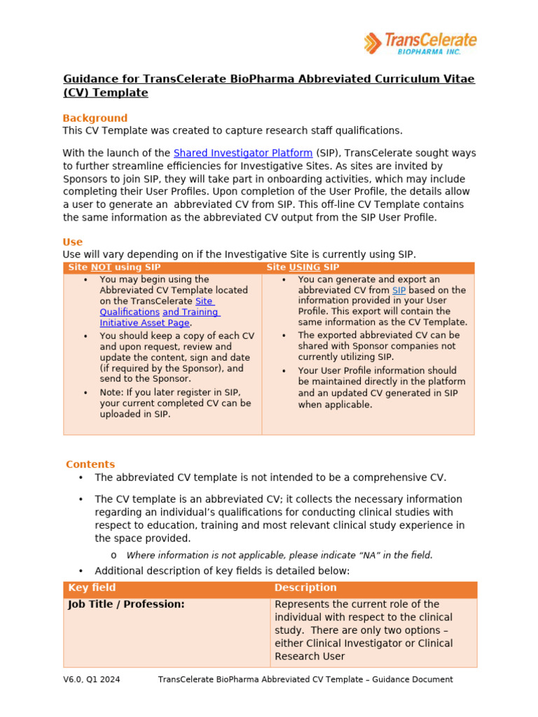 TransCelerate CV Template Guidance | PDF | Clinical Trial | Health Care