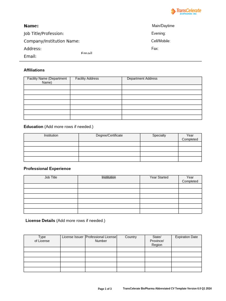 TransCelerate Abbreviated CV Template | PDF | Phases Of Clinical ...