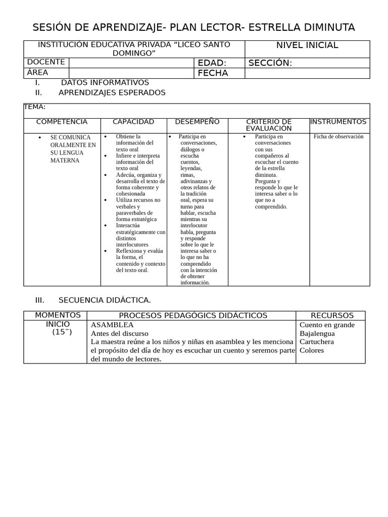Plan Lector - Estrella Diminuta | PDF | Educación de la primera ...