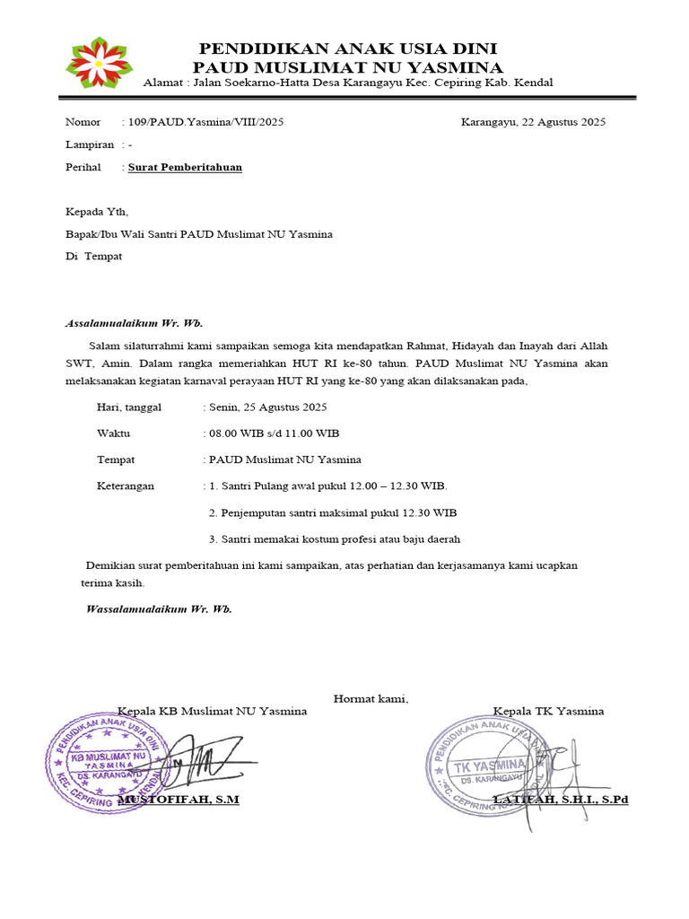 Surat Pemberitahuan Karnaval Paud Yasmina | PDF