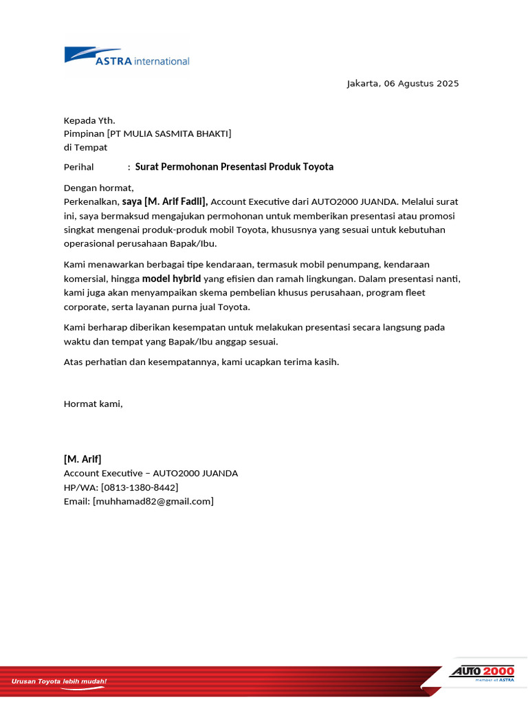 Permohonan Presentasi Produk Toyota | PDF