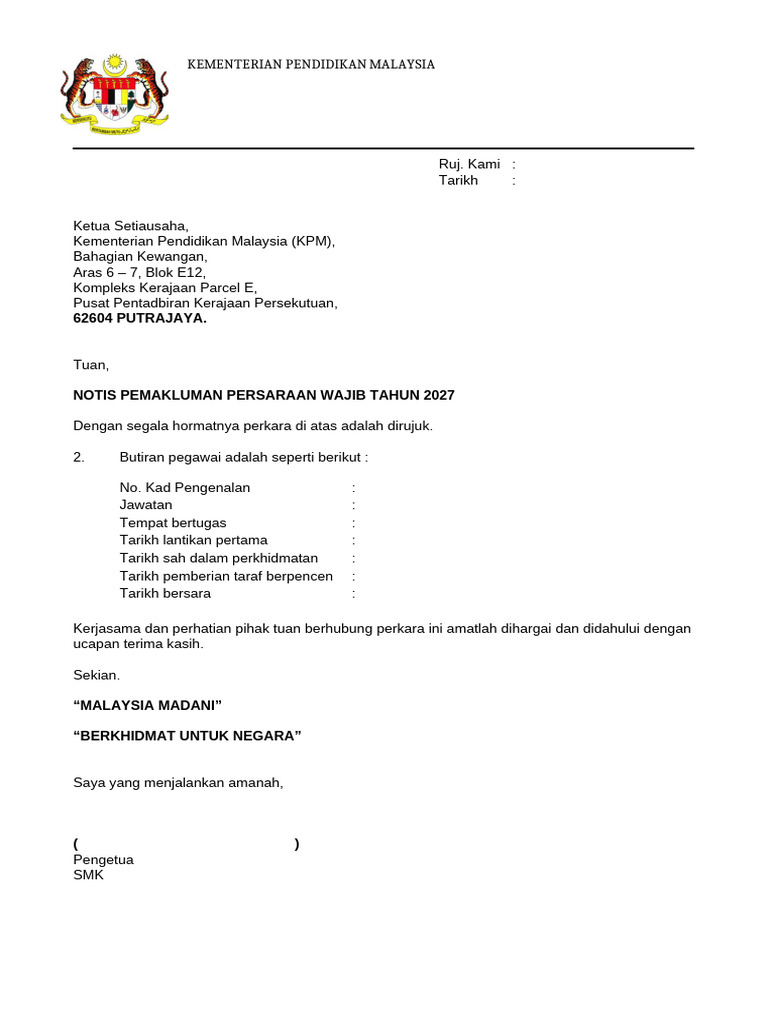 Contoh Notis Bersara Wajib | PDF