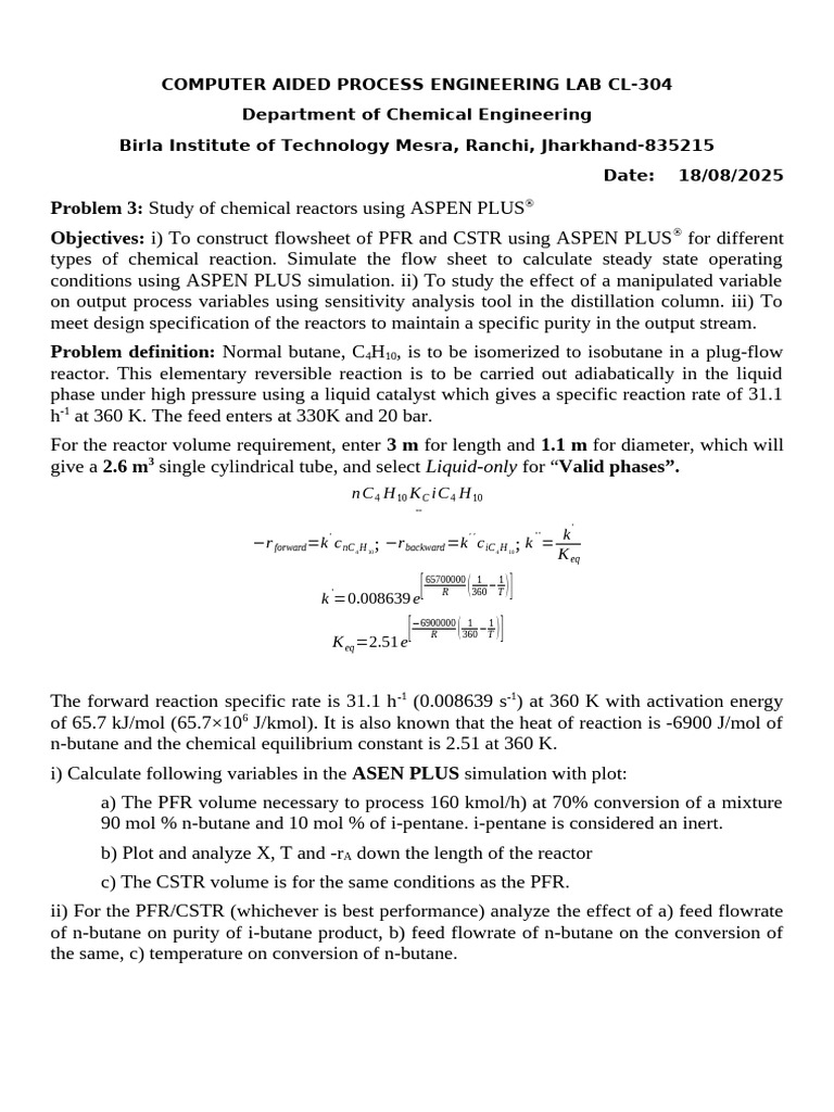 Problem-3-CAPE Lab ASPEN PLUS | PDF | Chemical Reactor | Chemical Reactions