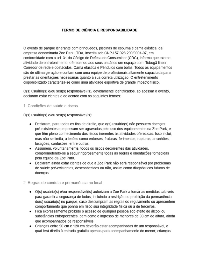 Termo de Responsabilidade Zoe Park | PDF