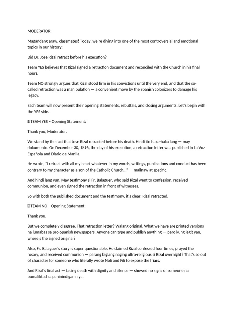 Rizal's Retraction Debate Script | PDF