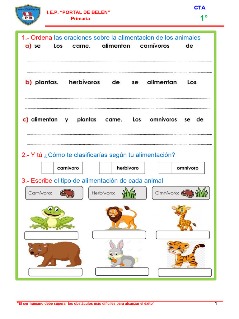 Sesión de Ciencia y Ambiente - Alimentación de Los Animales - 1º Grado ...