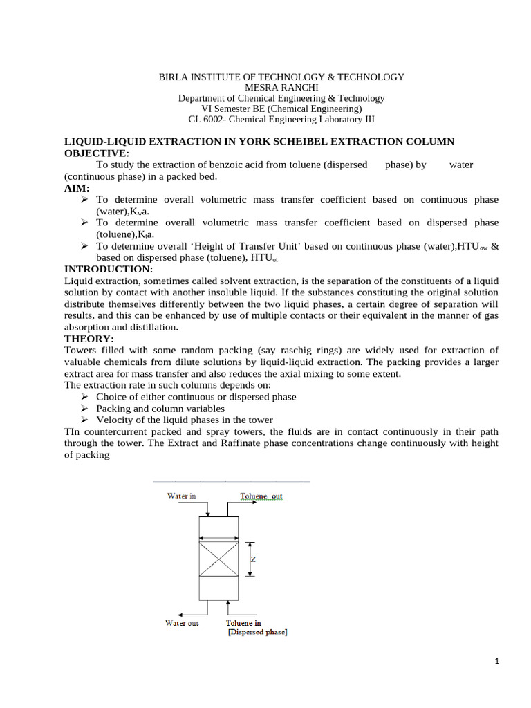 Liquid Liquid Extraction in York Schiebel Extraction Column | PDF | Phase (Matter) | Liquids
