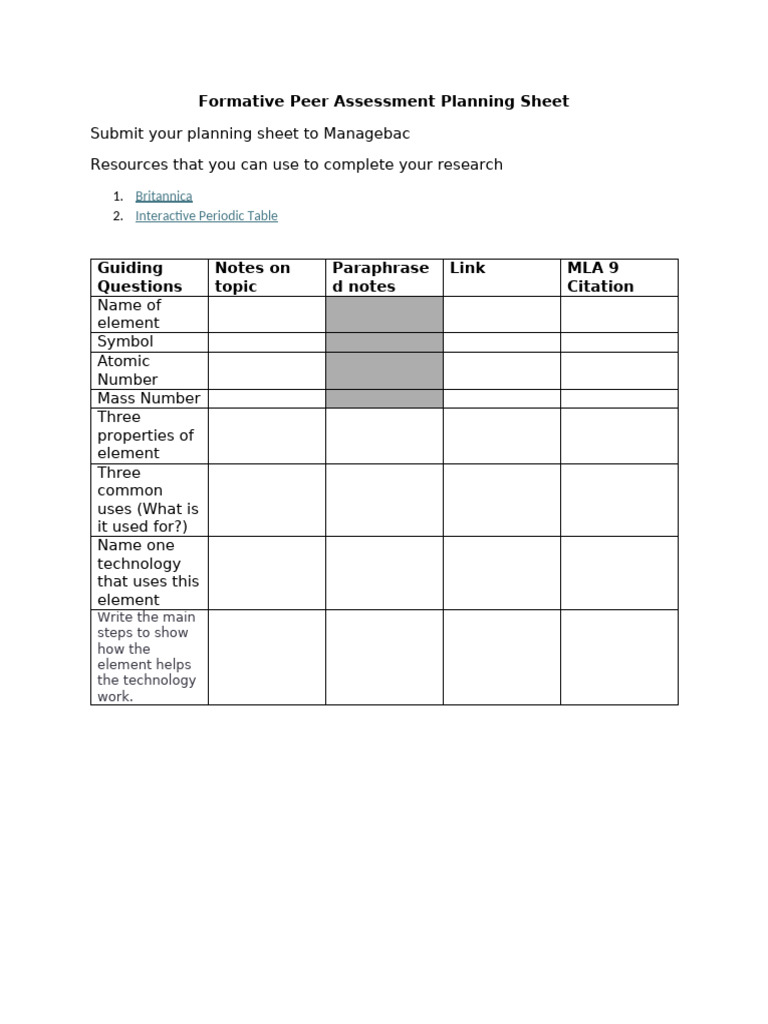 Formative Peer Assessment Planning Sheet 1 | PDF