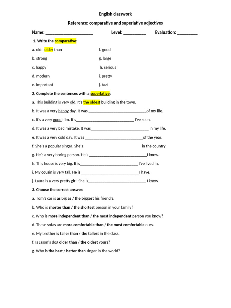 Comparative and Superlative Adjectives Worksheet | PDF