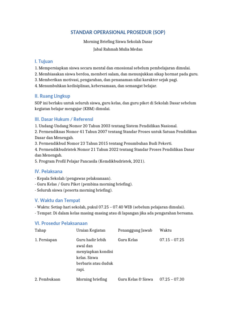 SOP Morning Briefing Siswa SD Jabal Rahmah | PDF