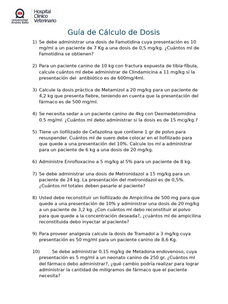 Cálculo de Dosis y Infusiones Veterinarias | PDF | Medicina CLINICA ...