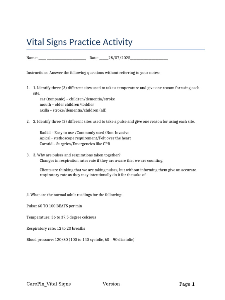 Vital Signs Practice Activity | PDF | Clinical Medicine | Medical ...