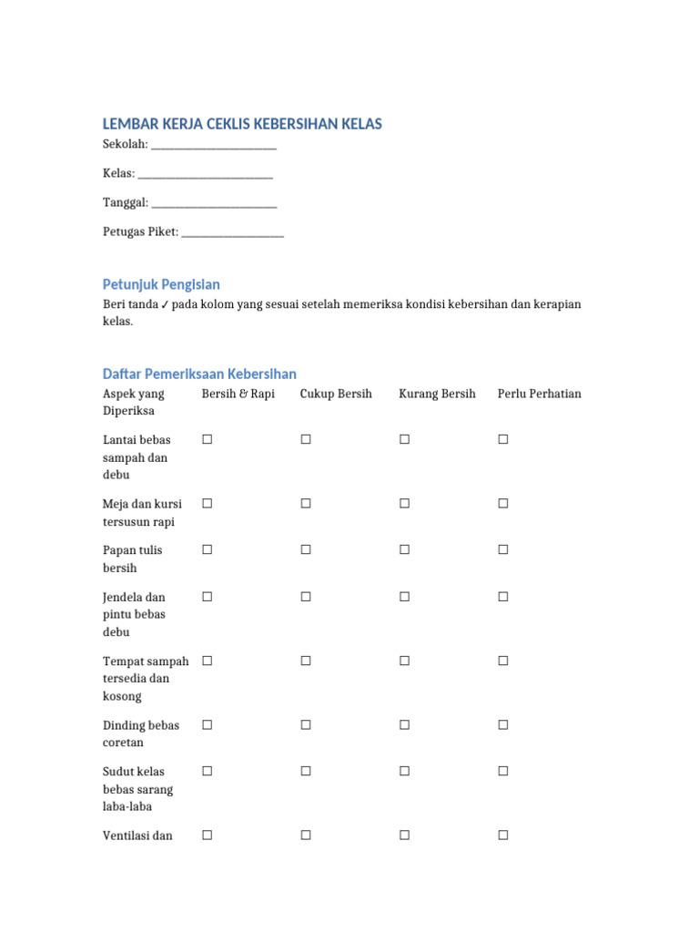 LK Ceklis Kebersihan Kelas | PDF