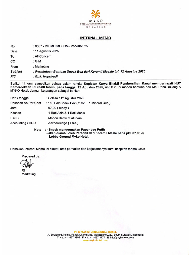 Internal Memo Permintaan Bantuan Snack D | PDF