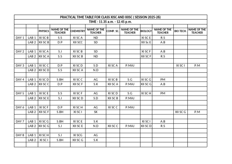 Class XI & XII Lab Schedule 2025-26 | PDF