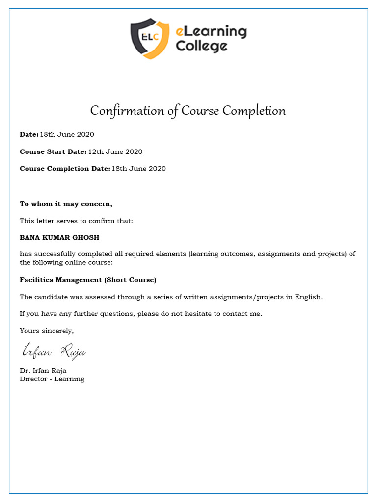 Facilities Management Course Completion Certificate | PDF