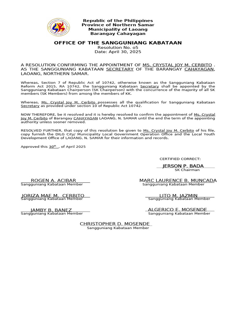 Appointment of Ms. Crystal Joy Cerbito | PDF | Youth Organizations | Youth