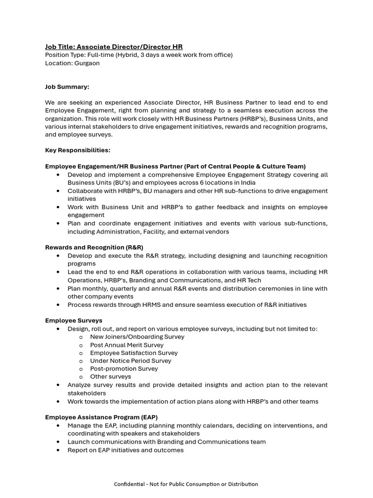 Job Description - Associate Director - Director Employee Engagement ...