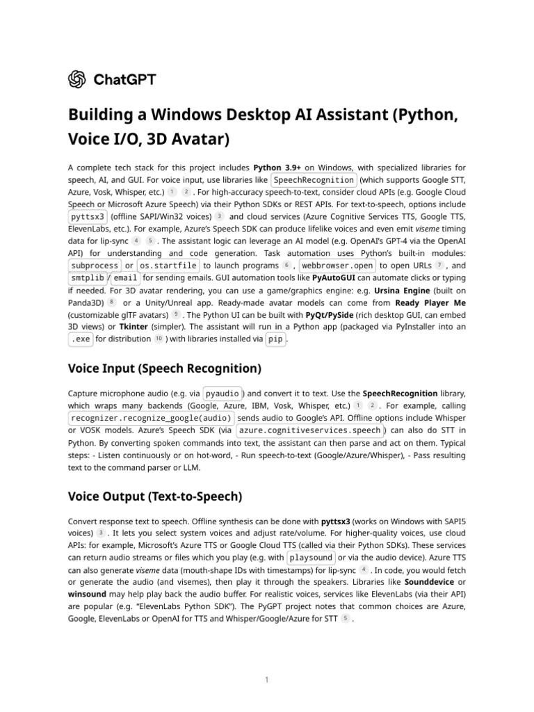Building A Windows Desktop AI Assistant (Python, Voice I - O, 3D Avatar) | PDF | Speech ...