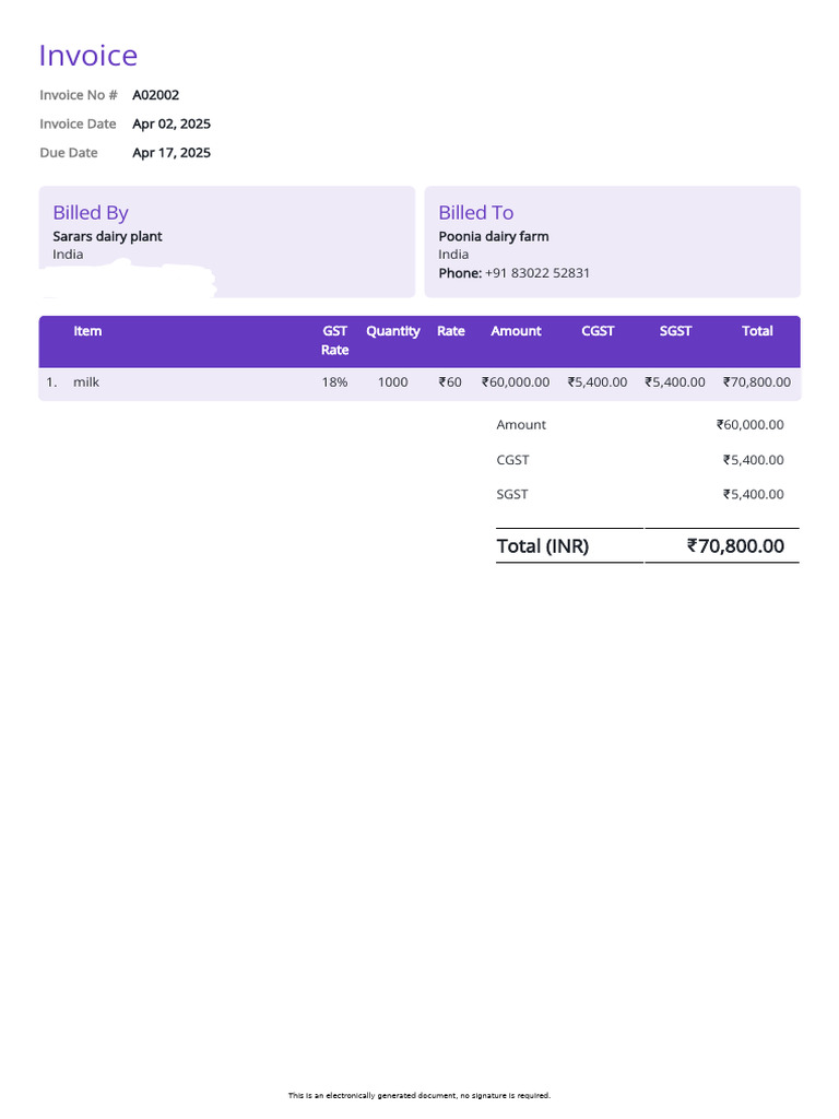 Invoice A02002 Sarars Dairy Plant Poonia Dairy Farm | PDF