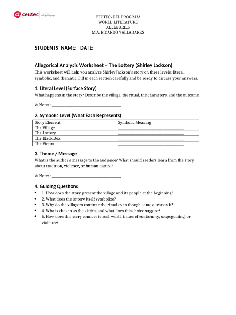 Allegory Worksheet The Lottery | PDF