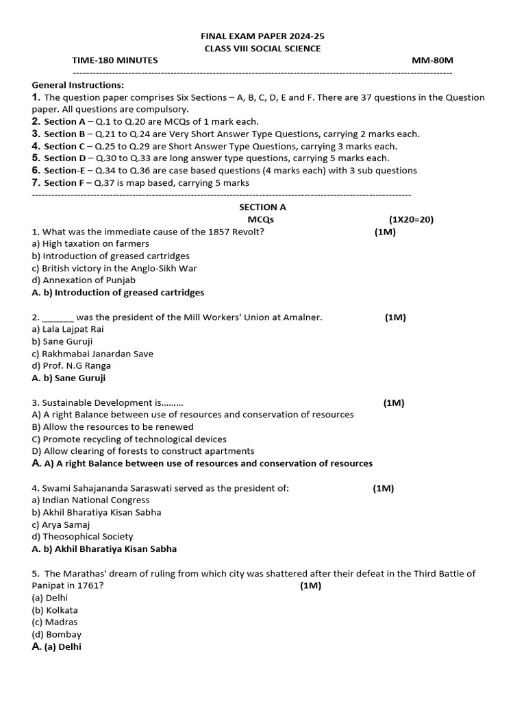 Class VIII Social Science Exam 2024-25 | PDF | Agriculture | Mahatma Gandhi