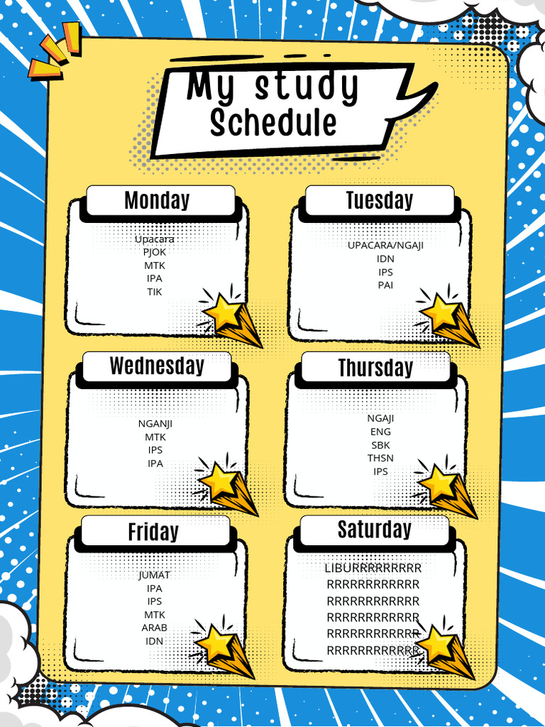 Yellow Blue Colorful Pop Art Comic Daily Schedule Document | PDF