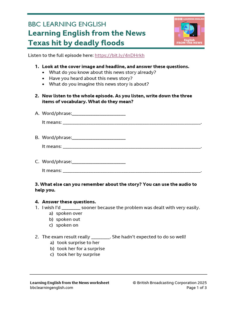 LEFTN Texas Hit by Deadly Floods Worksheet | PDF | English Language ...