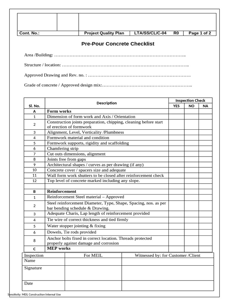 C 04 - Pre-Pour Concrete Checklist | PDF | Concrete | Building Engineering