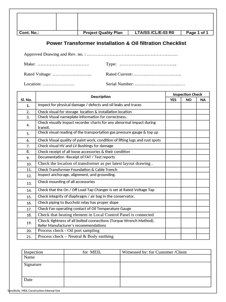 E 03-Transformers Installation Checklist | PDF | Electrical Engineering