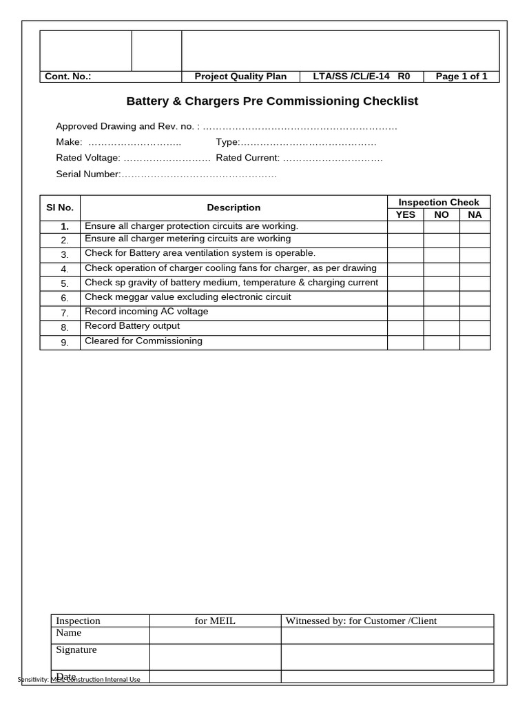 E 14 - Battery Chargers Precommissioning Checklist | PDF