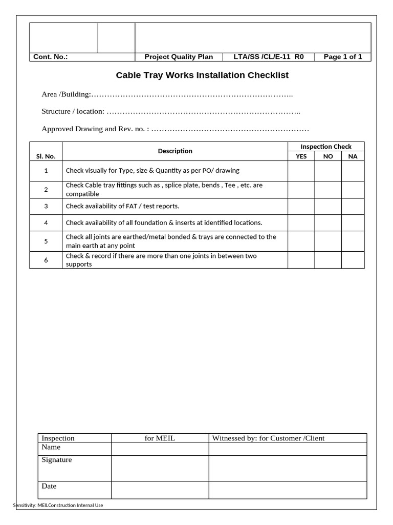 E 11 - Cable Tray Installation Checklist | PDF