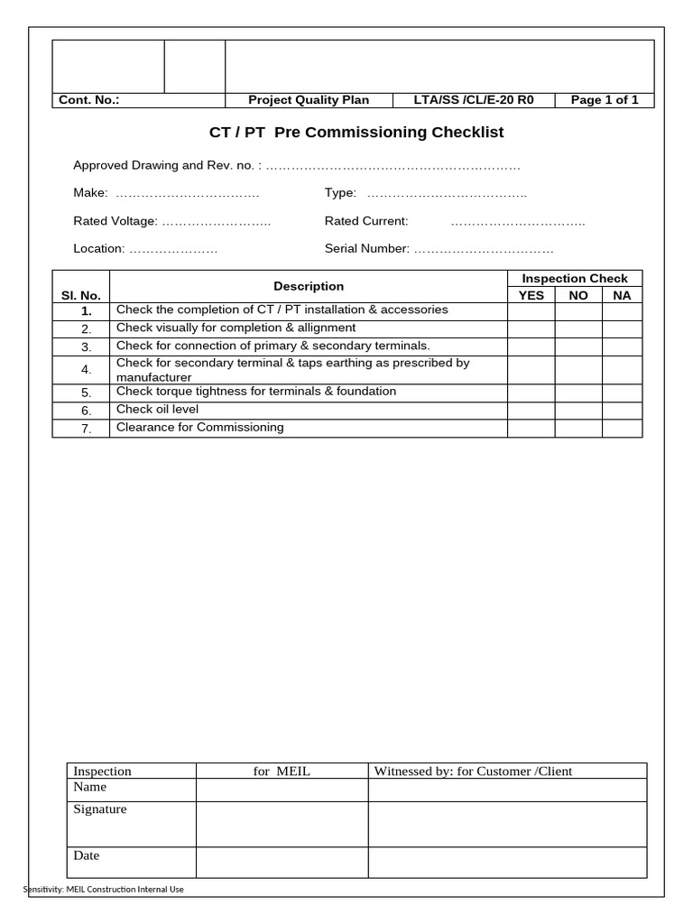 CT/PT Pre-Commissioning Checklist | PDF