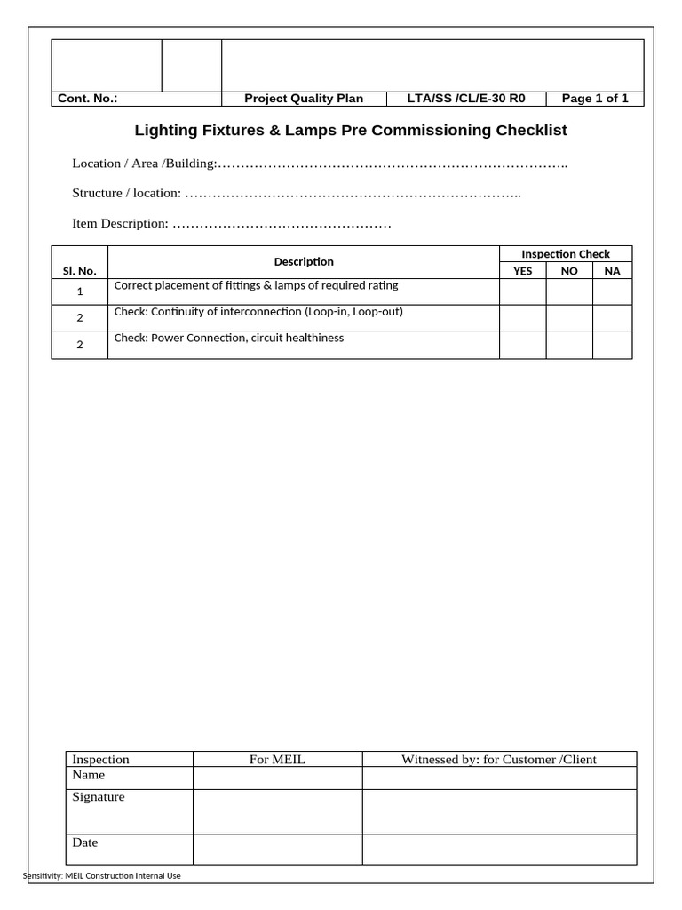 Lighting Fixtures Pre-Commissioning Checklist | PDF