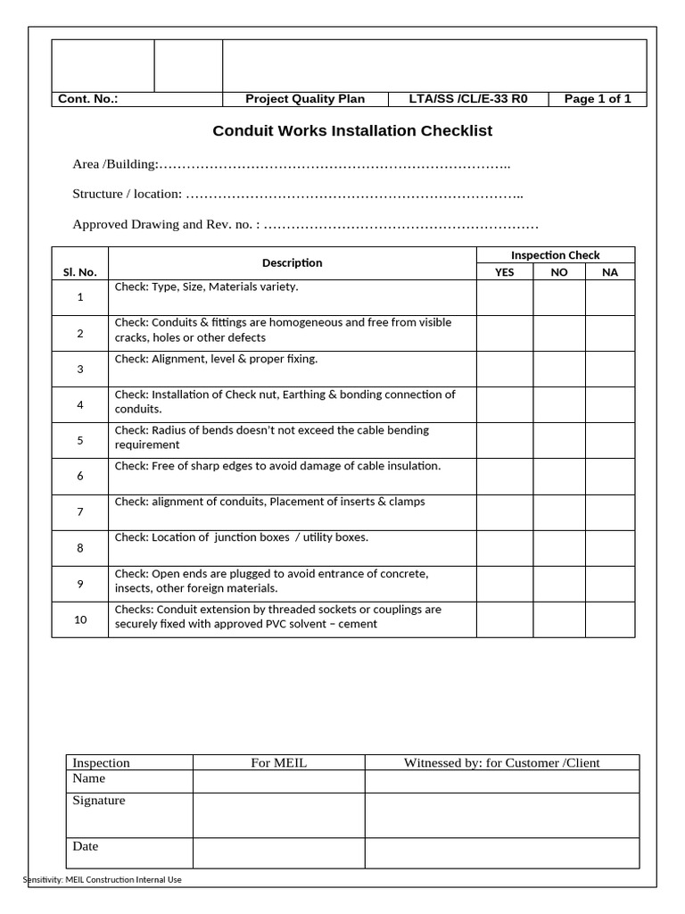 Conduit Installation Quality Checklist | PDF