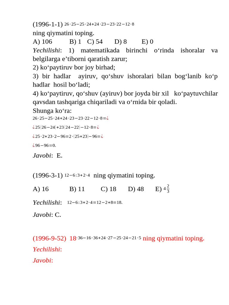 Matematik Misollar va Yechimlar | PDF