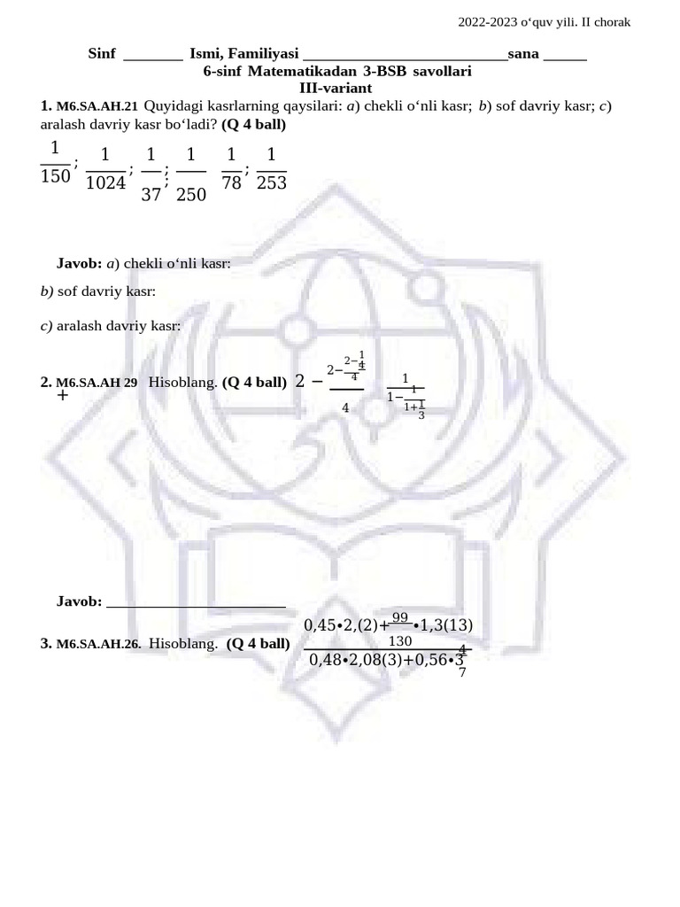 6 Sinf Matematika 3-bsb 3 Variant | PDF