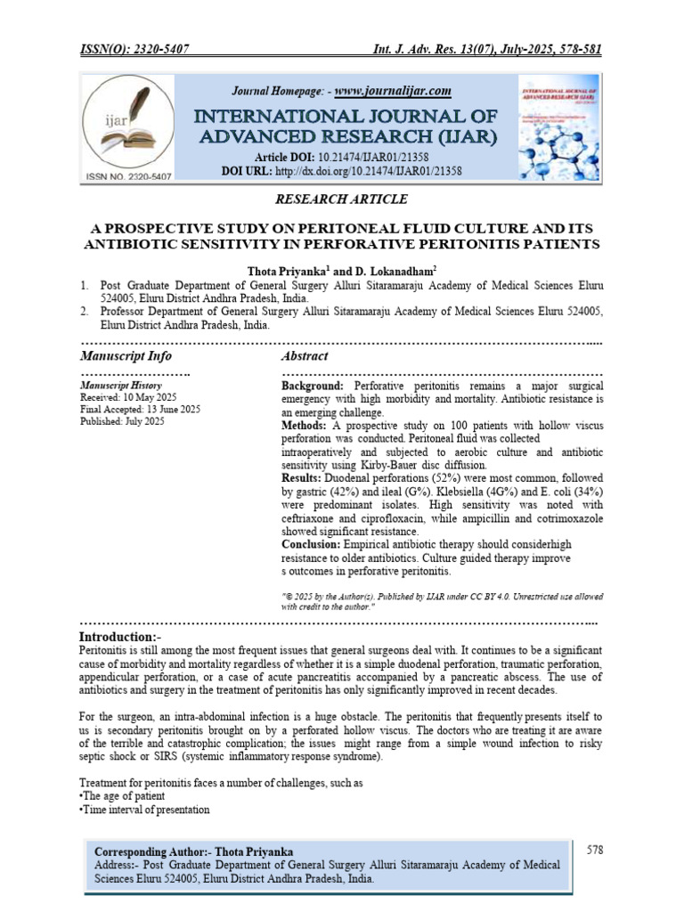 A Prospective Study On Peritoneal Fluid Culture and Its Antibiotic ...