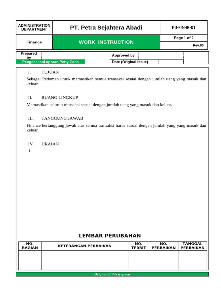 Instruksi Kerja Pengecekan Petty Cash | PDF