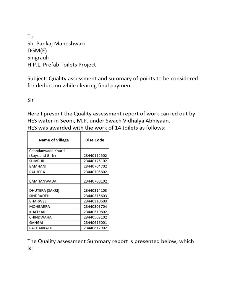 Quality Assesment Report of HES Water | PDF