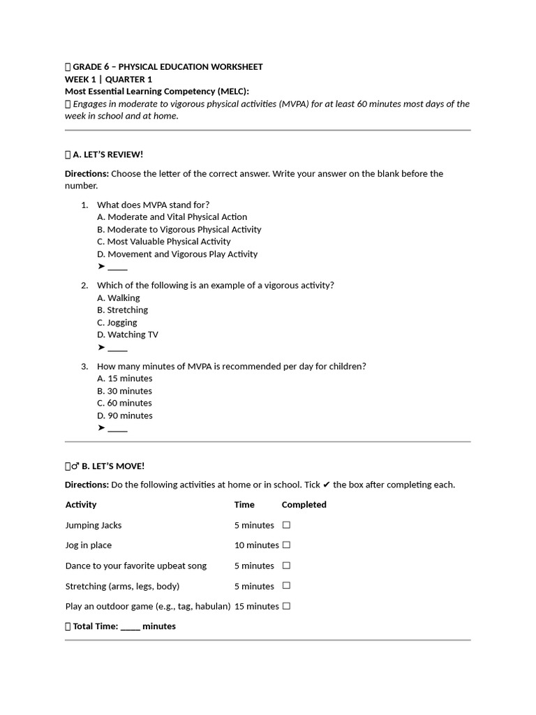 PE Worksheet | PDF