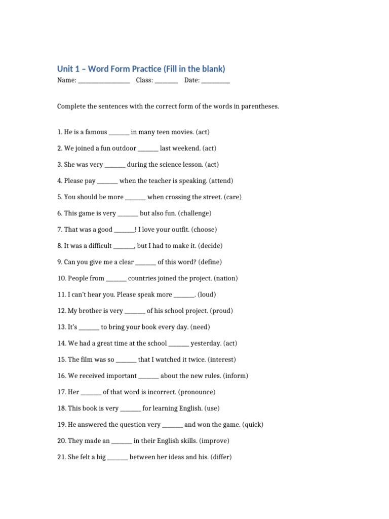 Word Form Practice Exercise | PDF | Chess Theory | Chess