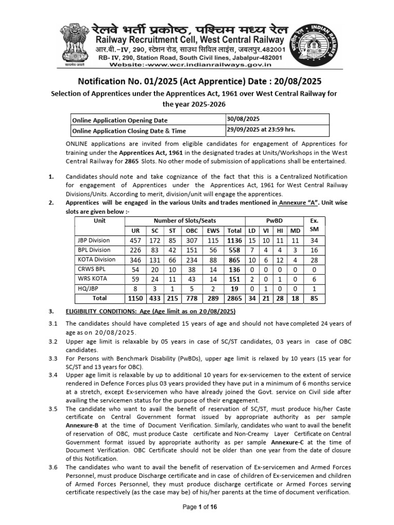 RRC WCR Recruitment 2025 Details Notification | PDF