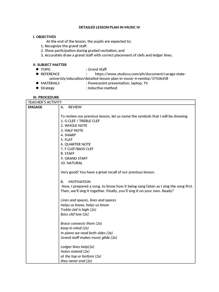Grand Staff Lesson Plan for Music IV | PDF | Clef | Notation